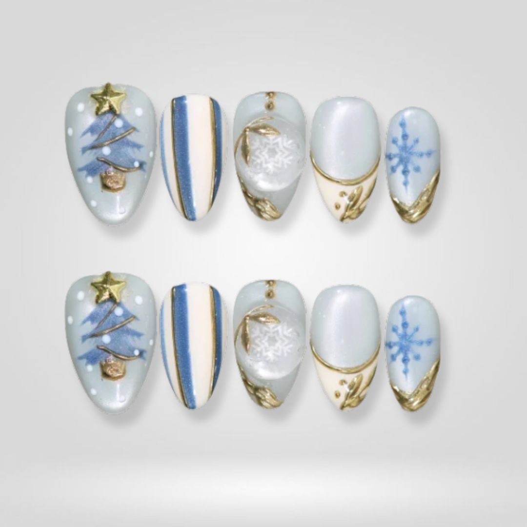 Frost Tree Christmas Press On Nails – Blue Snowflake & Gold Accent ...