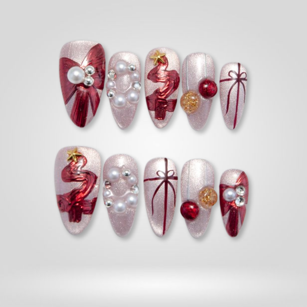 Pearl Gift Christmas Press On Nails – Shimmer Pink Nails with Red ...